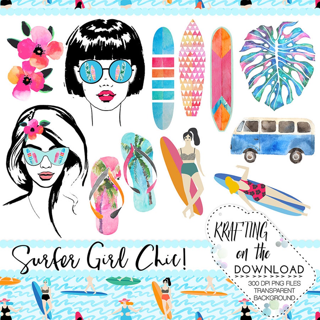 Watercolor Surf Girl Clipart Png File Watercolor Surfer Girl Art Set ...