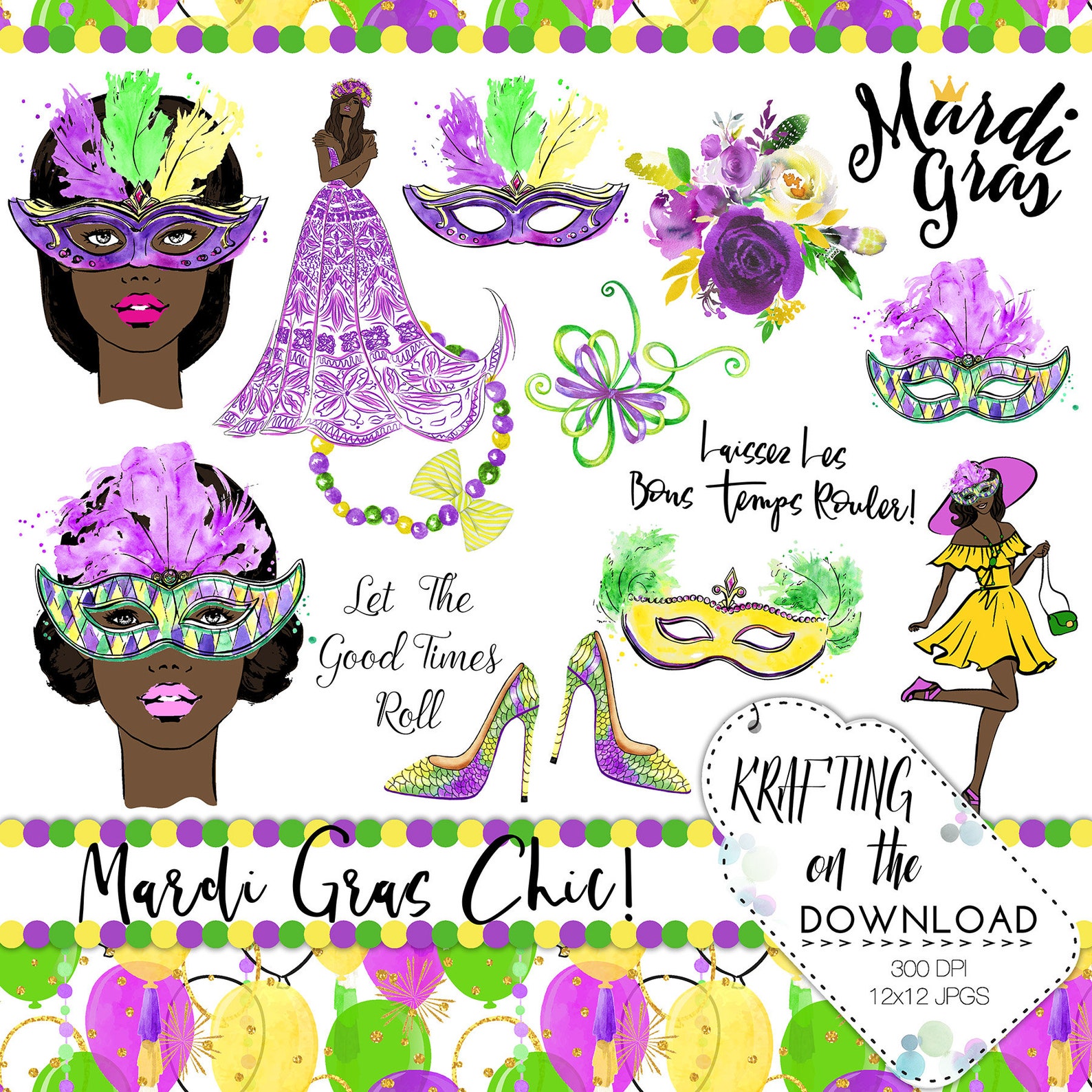 Mardi Gras Clipart Png File Watercolor Mardi Gras Clip Art Set - Etsy
