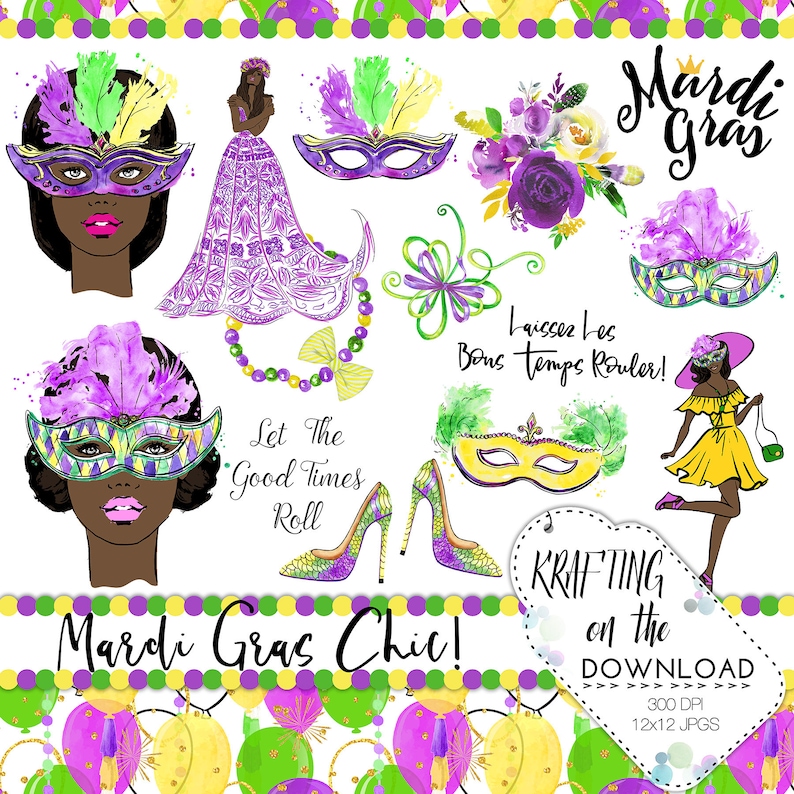 Mardi Gras Clipart Png File Watercolor Mardi Gras Clip Art Set - Etsy