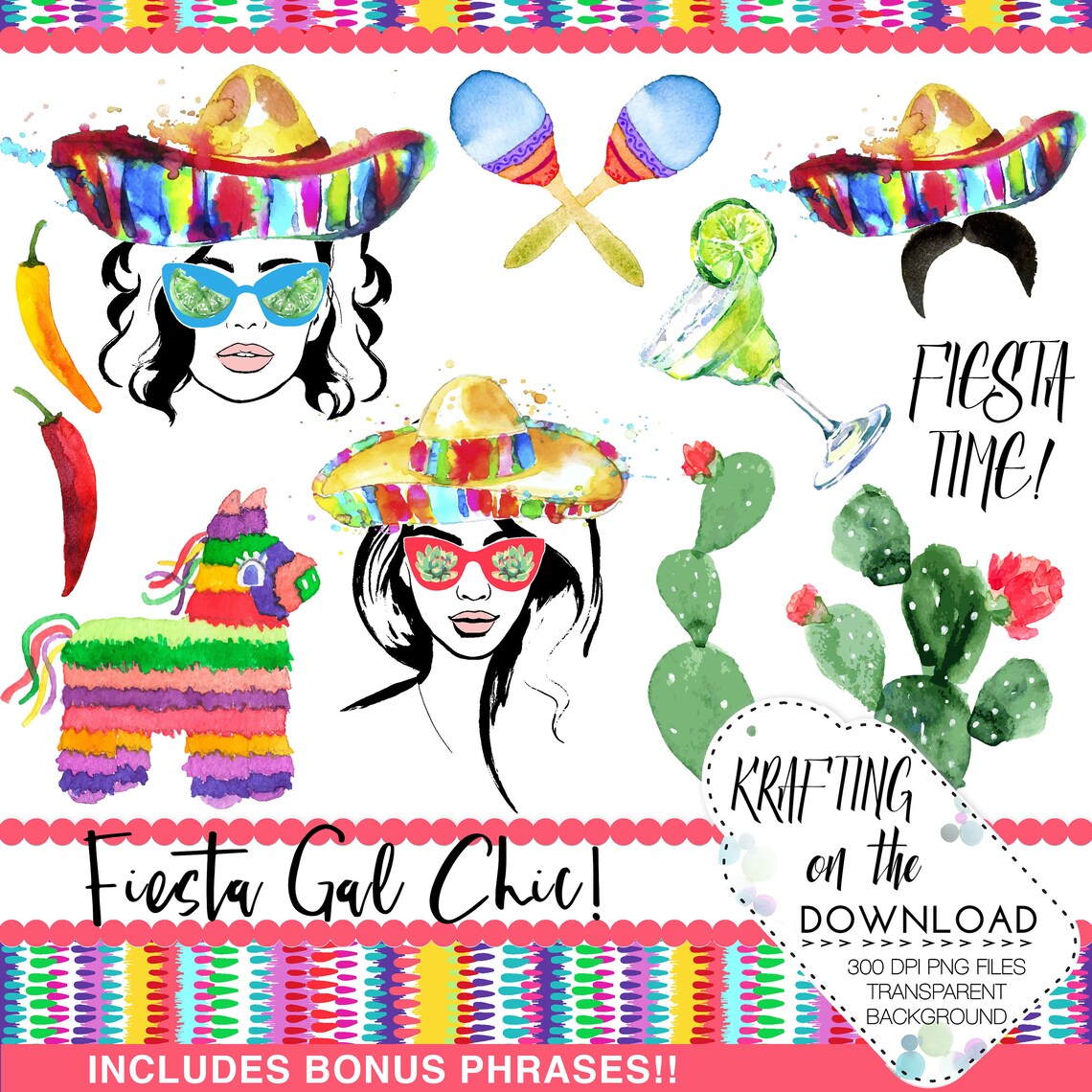 Watercolor Fiesta Girl Png Clipart Watercolor Cinco De Mayo - Etsy