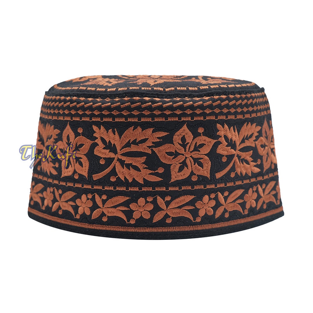 MADINAH Rust Brown MUSLIM Omani Kufi Hat 4-inch Tall Embroidered Flower ...