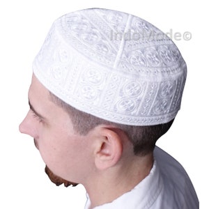 White Pakistani-style Round Entricately Rigid Embroidered Muslim Kufi ...