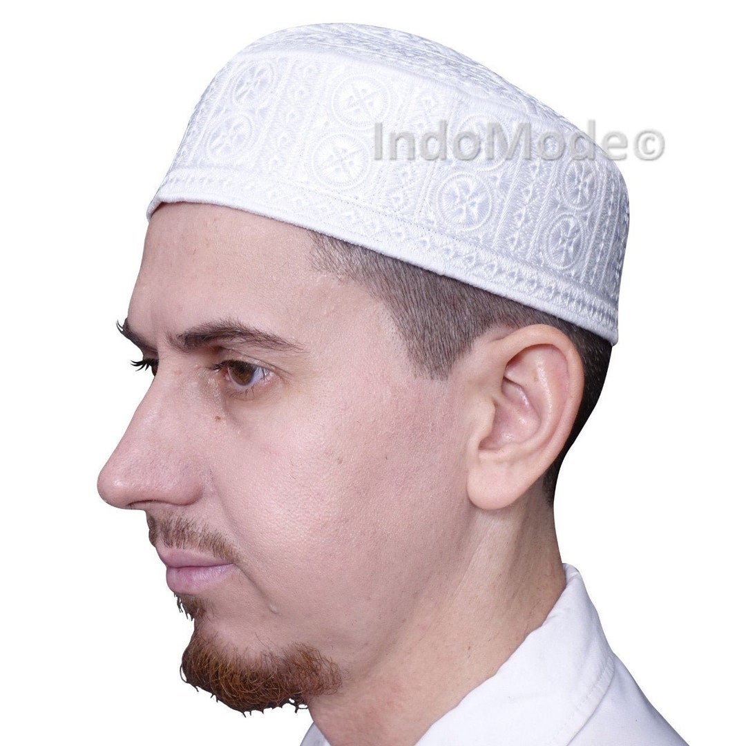 White Pakistani-style Round Entricately Rigid Embroidered Muslim Kufi ...