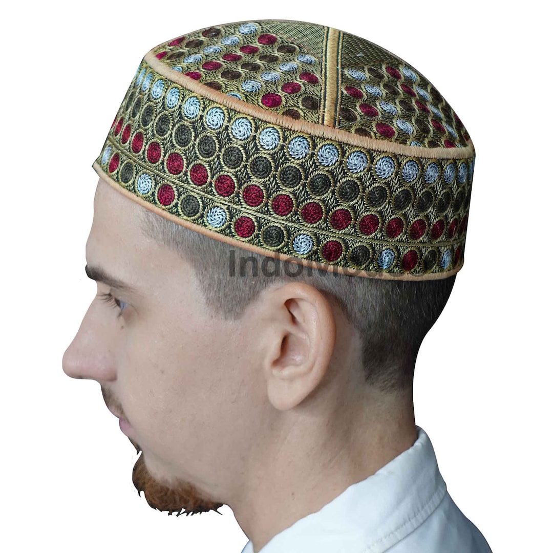 Pakistani Kufi Bangladeshi Style Khaki Green Maroon Embroidered Circle ...
