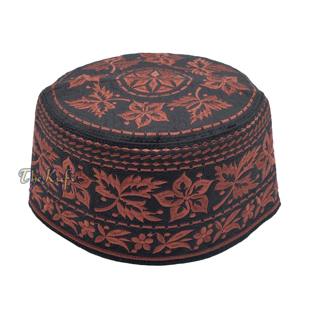 MADINAH Dark Brown MUSLIM Omani Kufi Hat 4-inch Tall Embroidered Flower ...