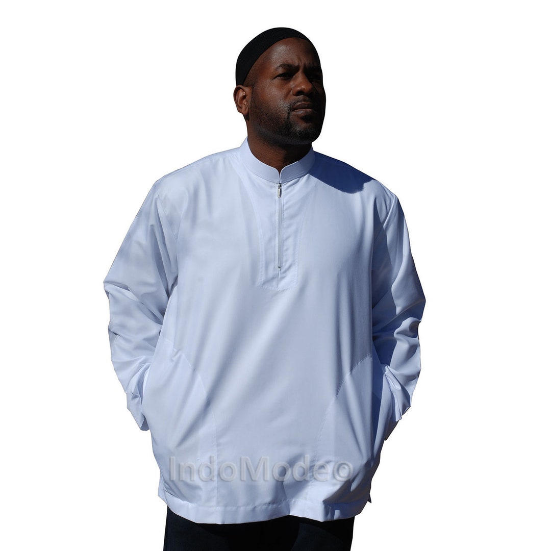 Mumtaz Long Sleeved White Mens Shirt With Zipper Muslim Clothing Shiny ...