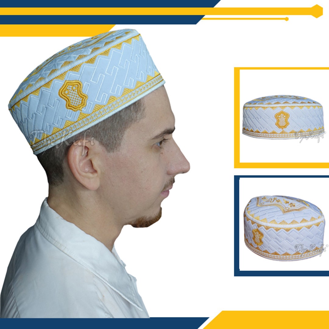 Muslim Kufi Hats White & Gold-tone Embroidery Design Prophet Muhammad ...