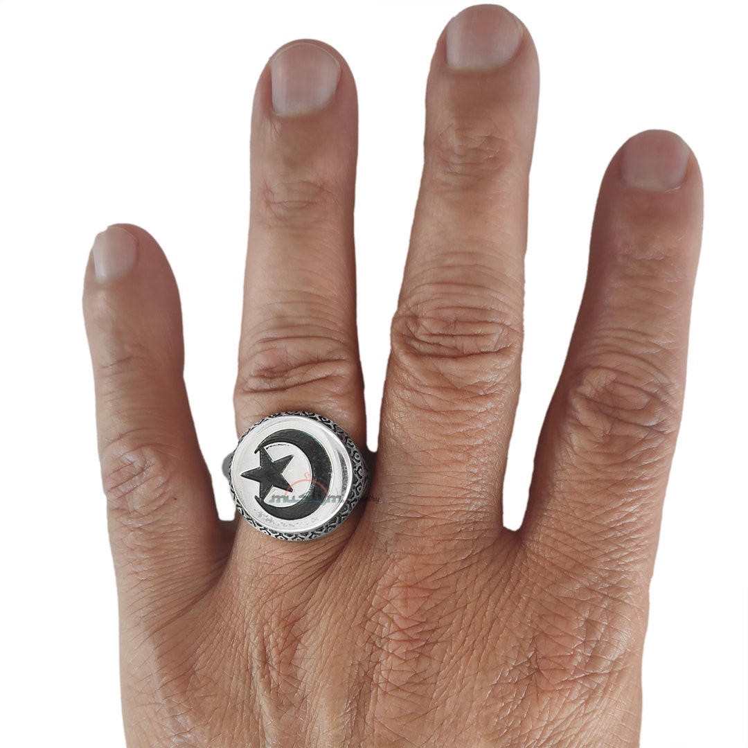 Muslim Men's Ring Sterling Silver Islamic Star Crescent Moon Symbol ...