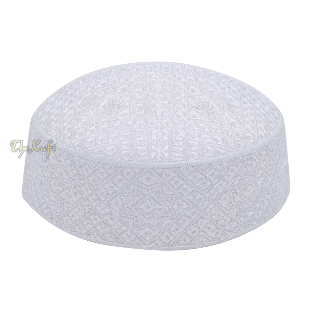 Pakistani Muslim Kufi Topi Hats White Machine Embroidery Diamond Motif ...