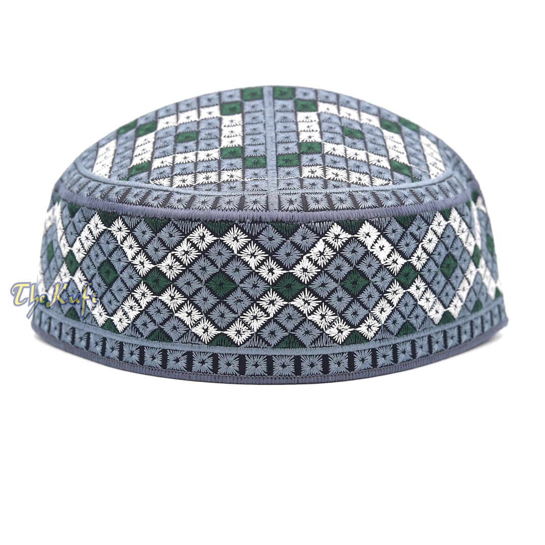 Light Pakistani Muslim Kufi Hats White Gray and Green Embroidery ...
