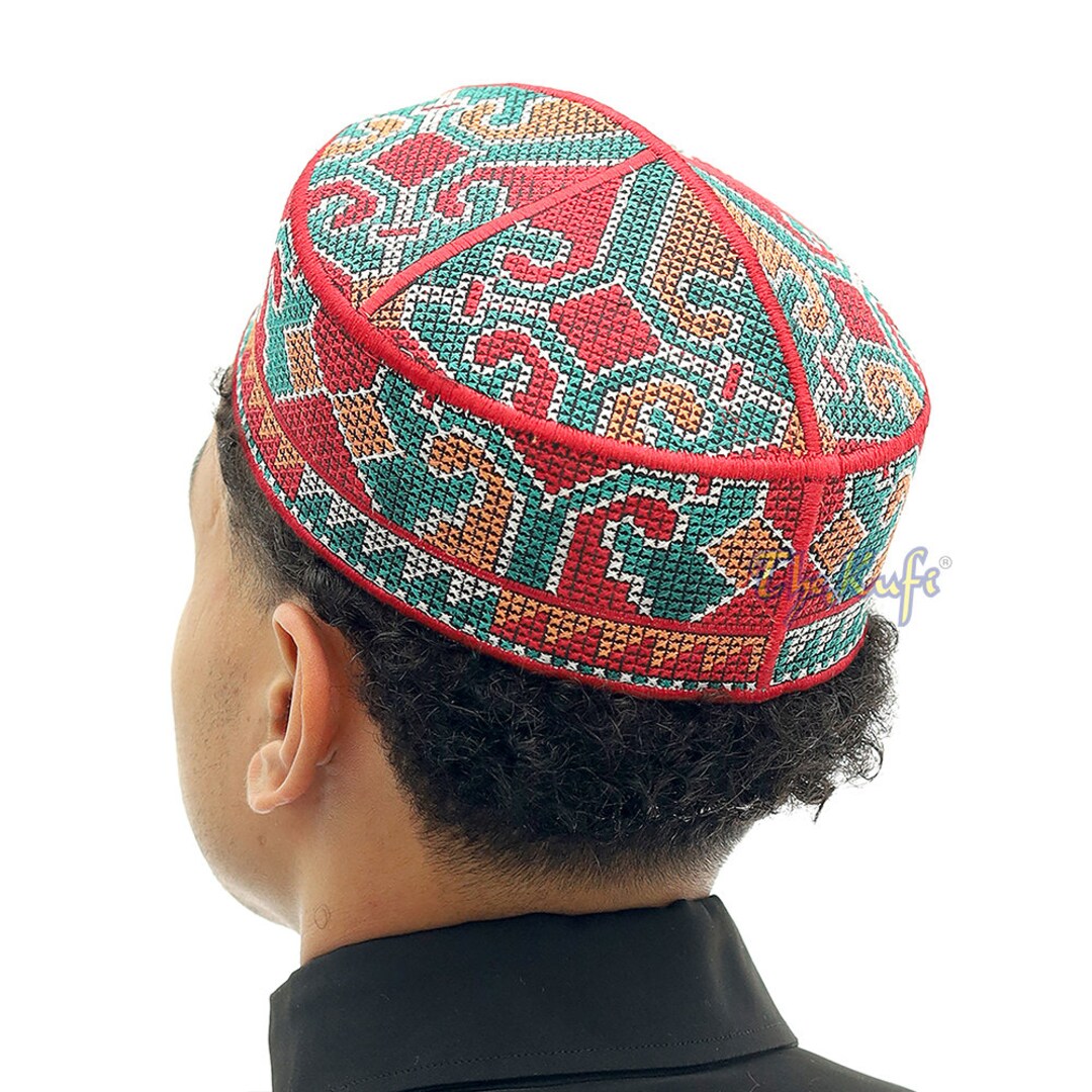 Pakistani Muslim Kufi Hats Dark Red, Turquoise, Brown Embroidery Haji ...