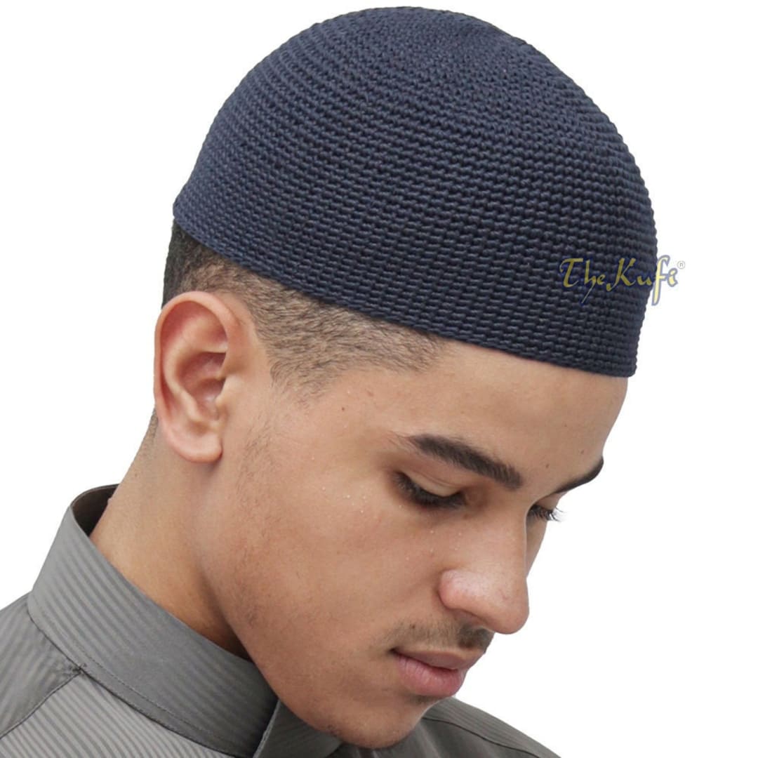 Hand-crocheted Islamic Dark Blue Kufi Cap 100% Cotton Tight-knit Skull ...