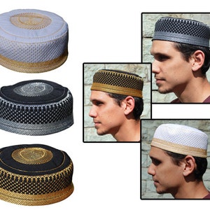 African Style Muslim Prayer Kufi Hat White Metallic Silver Thread ...