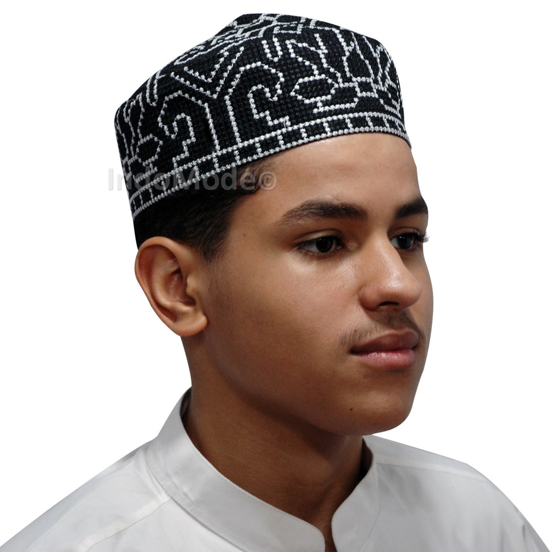 Black Muslim Topi Embroidered White Orchid Pattern Cross-stich Soft ...