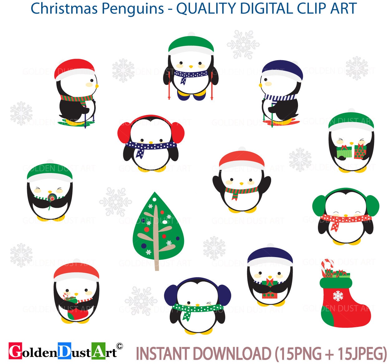 Christmas Clip Art Christmas Penguins Winter Clip Art Cute | Etsy