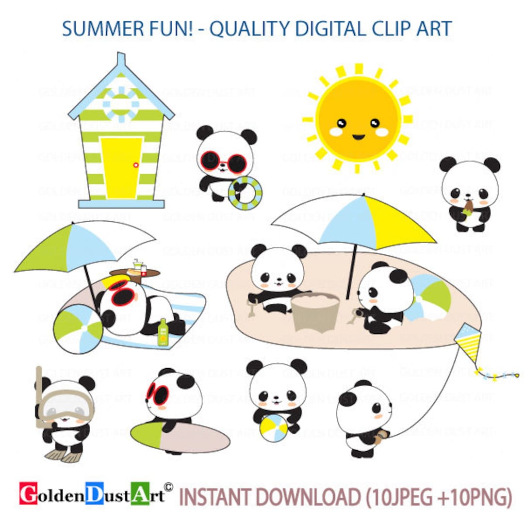 Summer Fun Clip Art, Summer Clipart, Fun in the Sun, Kawaii Panda ...