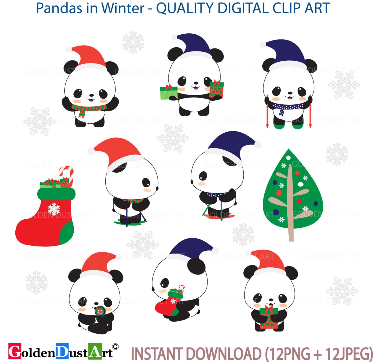 Christmas Clip Art Pandas in Winter Winter Clip Art Holiday - Etsy