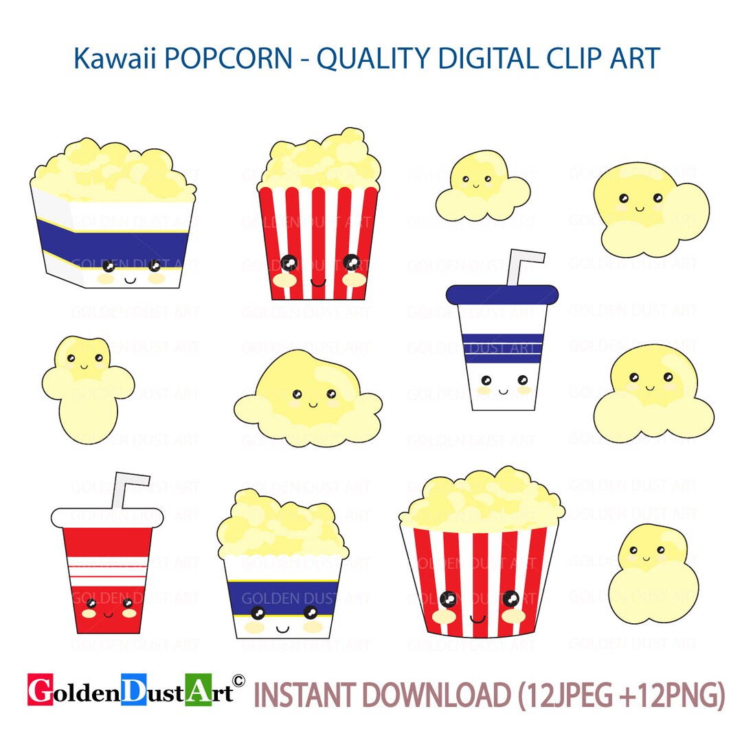 Cute Popcorn Clipart, Popcorn Clipart, Kawaii Popcorn, Digital Popcorn ...