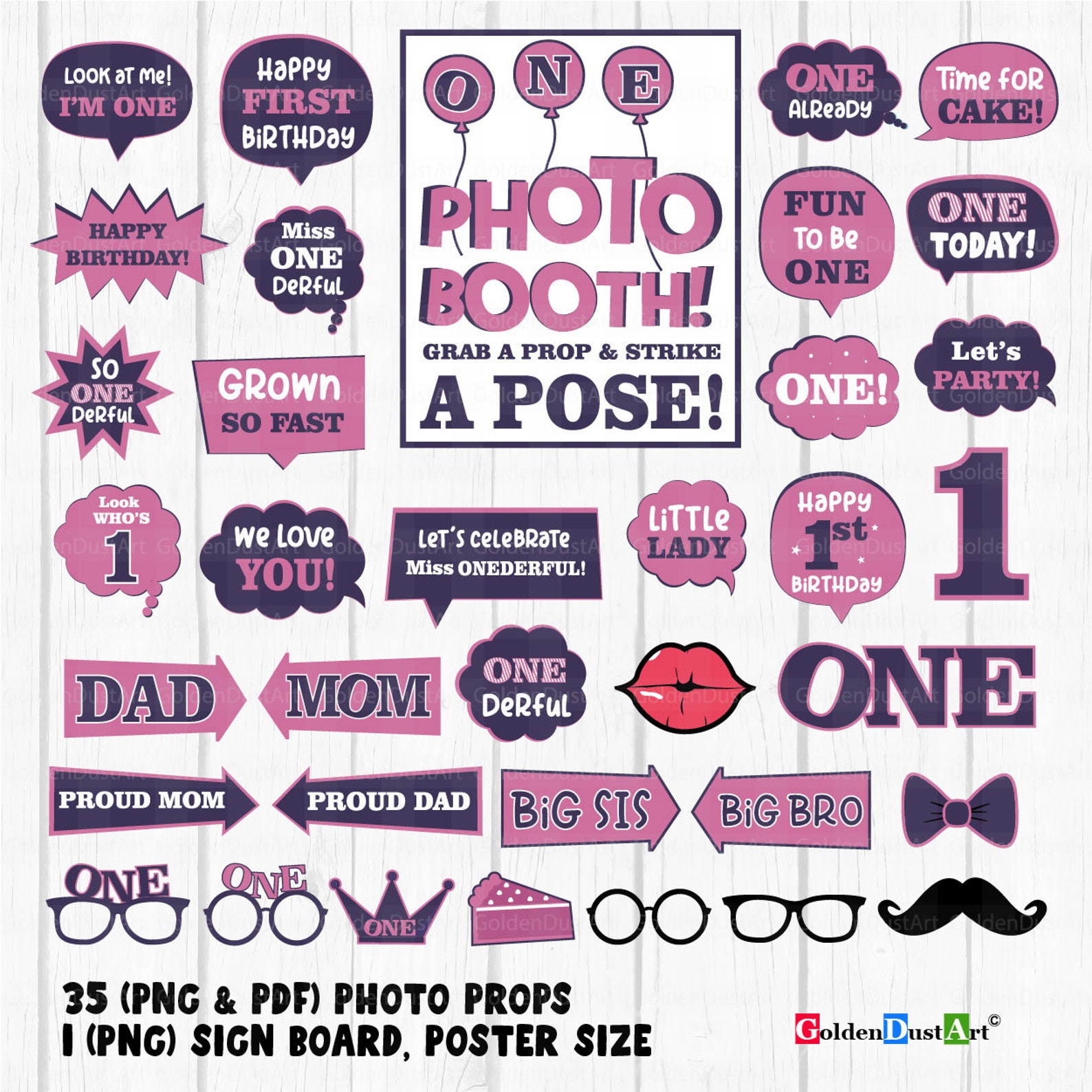 Girl 1st Birthday Photo Booth Props, Girl Birthday Party Props, First ...