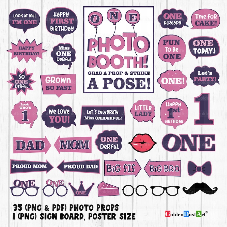 Girl 1st Birthday Photo Booth Props, Girl Birthday Party Props, First ...