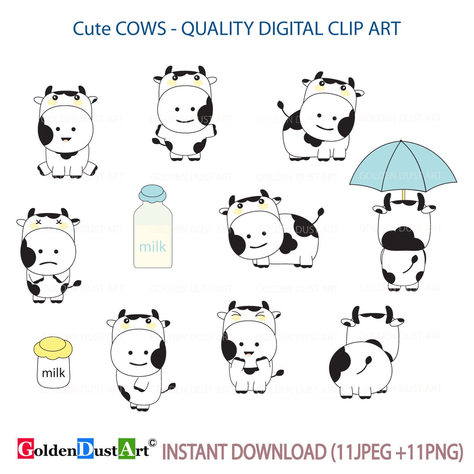Cow Clipart Cute Cows Kawaii Cow Kawaii Animal Kawaii | Etsy
