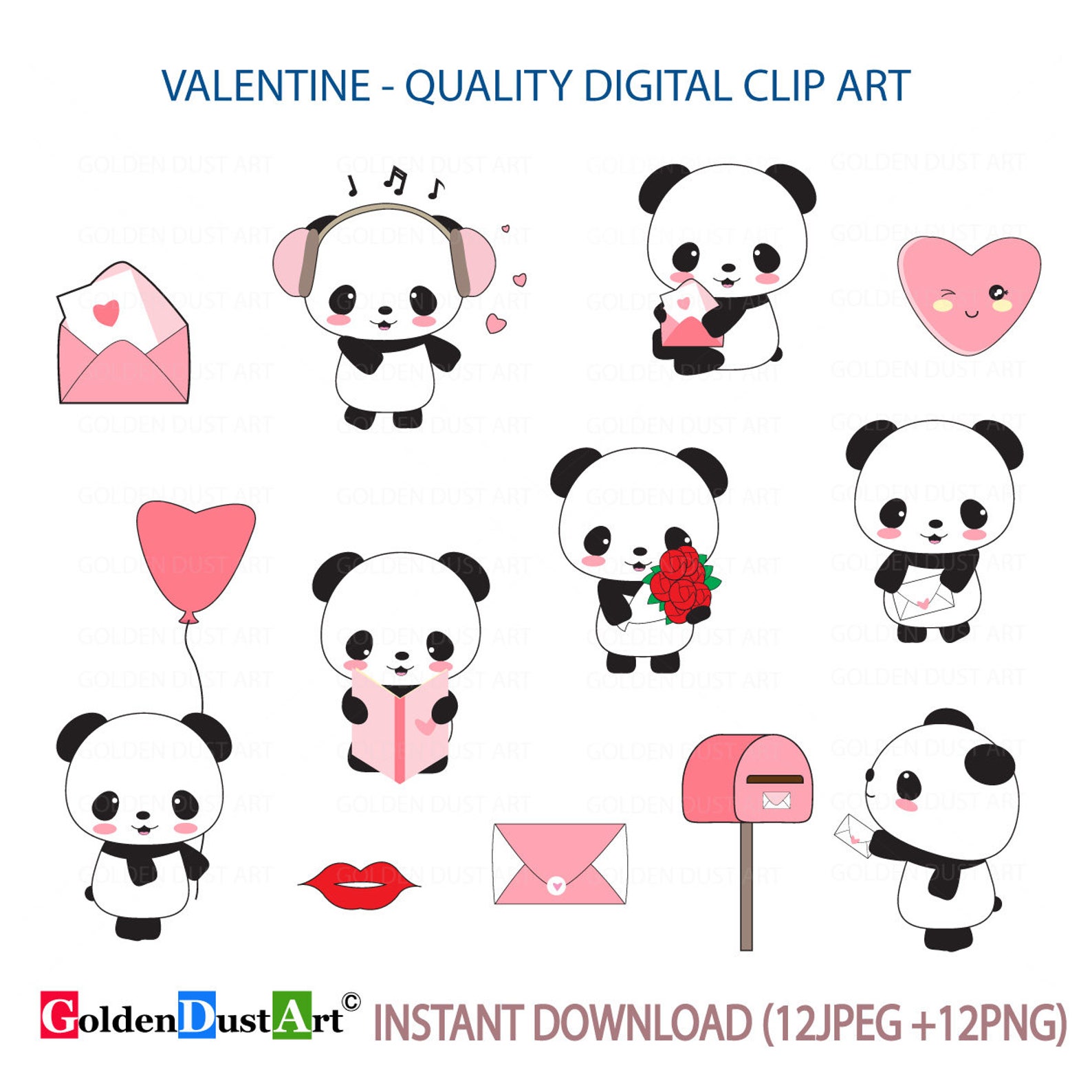 Valentine Panda Clipart Cute Panda Panda In Love Panda | Etsy