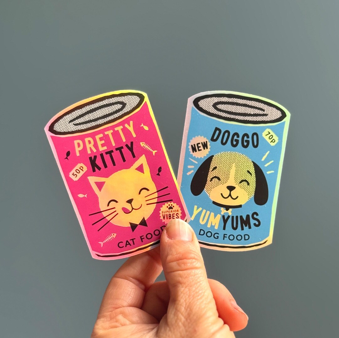 Pet Food Tin Holographic Sticker, Kitty Cat Doggo Design - Etsy