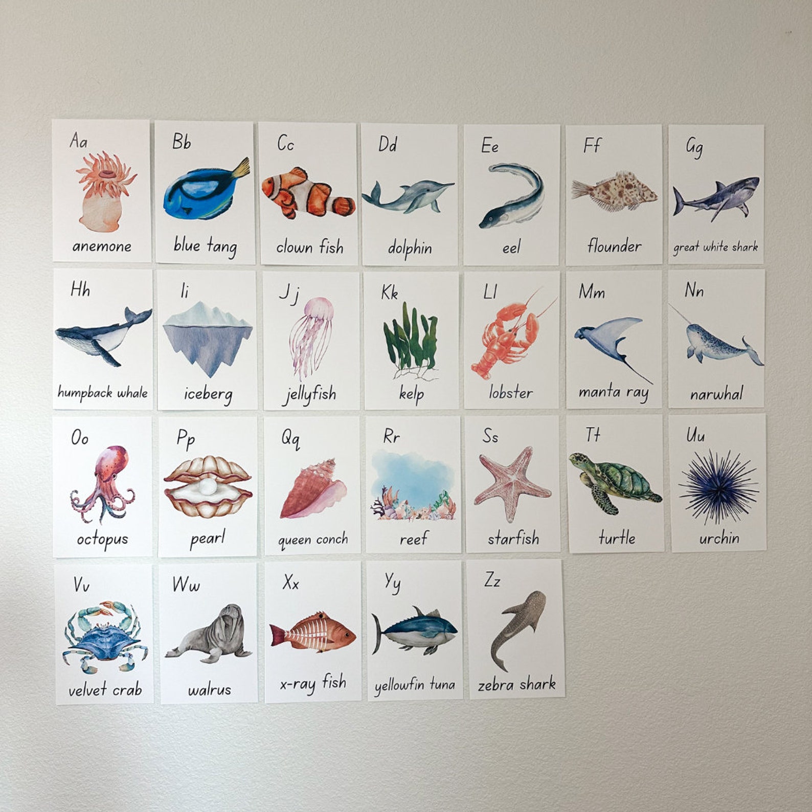 Ocean Alphabet Flash Cards Ocean Theme Educational ABC Cards Watercolor ...