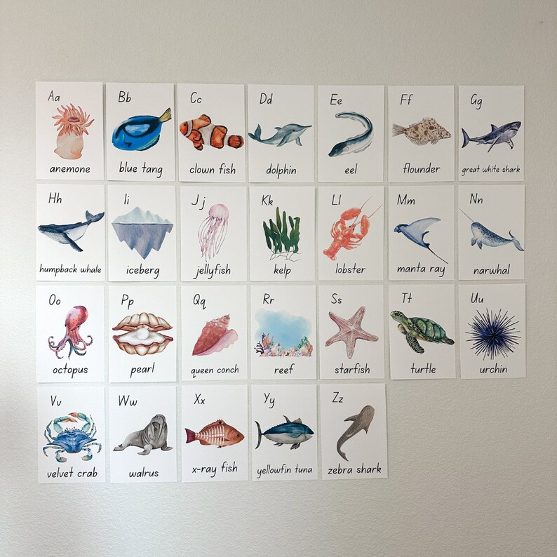 Ocean Alphabet Flash Cards Ocean Theme Educational ABC Cards Watercolor ...