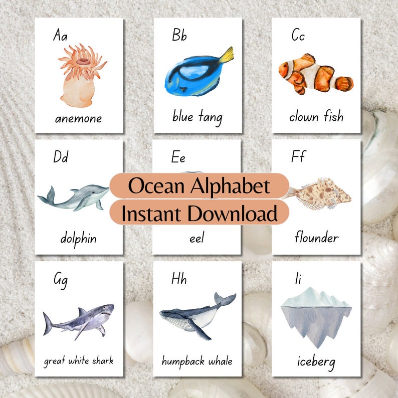 Ocean Alphabet Flash Cards Ocean Theme Educational ABC Cards Watercolor ...