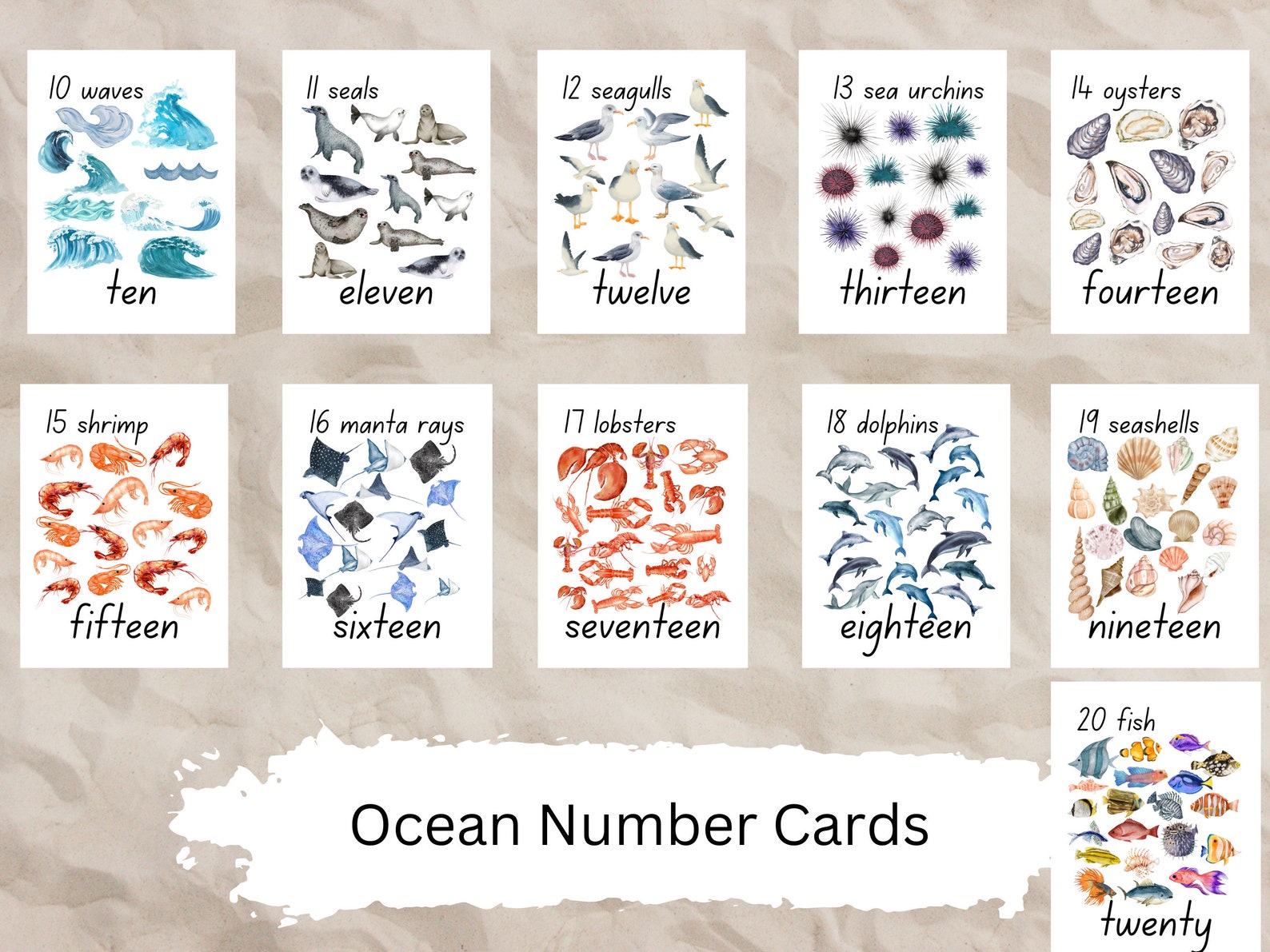 Ocean Number Cards 1-20 Classroom Math Counting Cards Nursery Wall Art ...