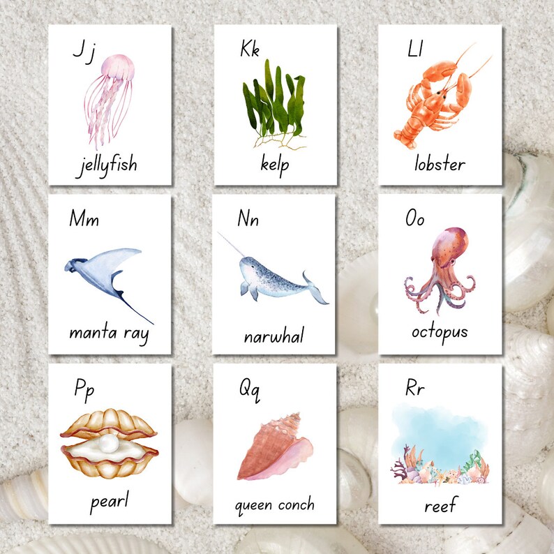 Ocean Alphabet Flash Cards Ocean Theme Educational ABC Cards Watercolor ...