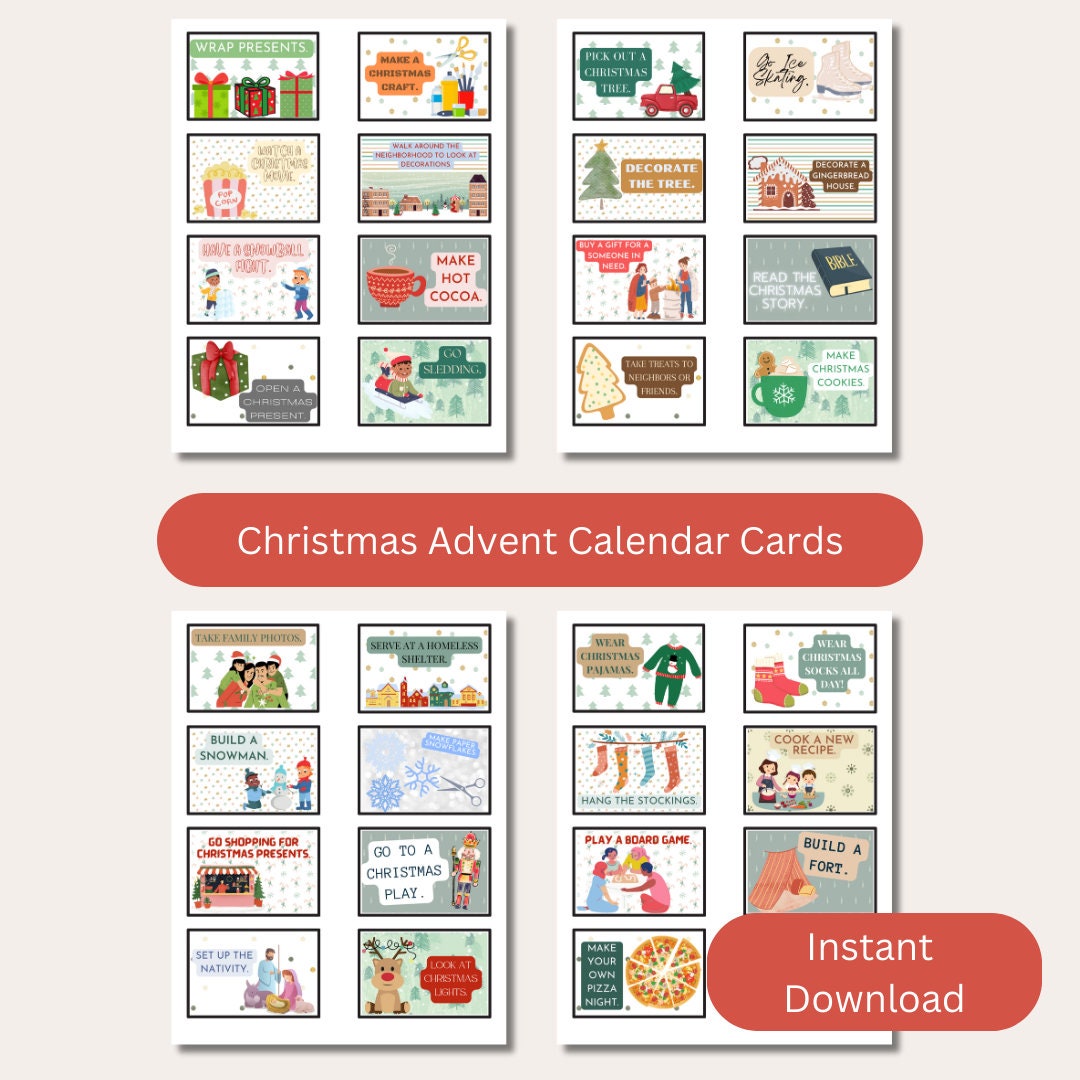 Advent Calendar Cards Printable Christmas Activities Calendar for Kids ...
