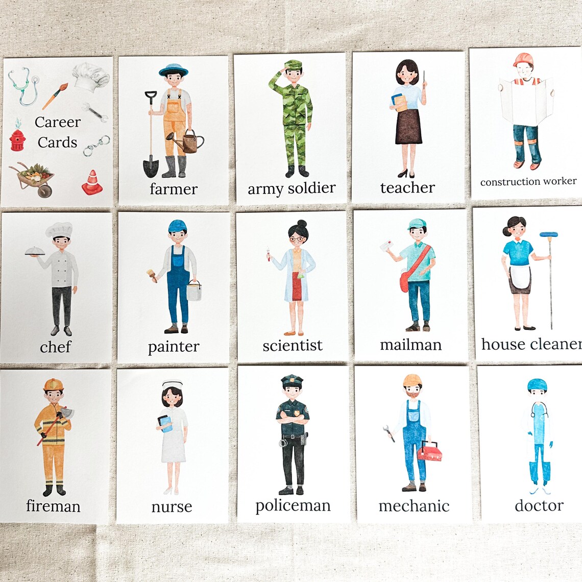 Career Cards for Occupation Recognition Watercolor Prints for Toddler ...