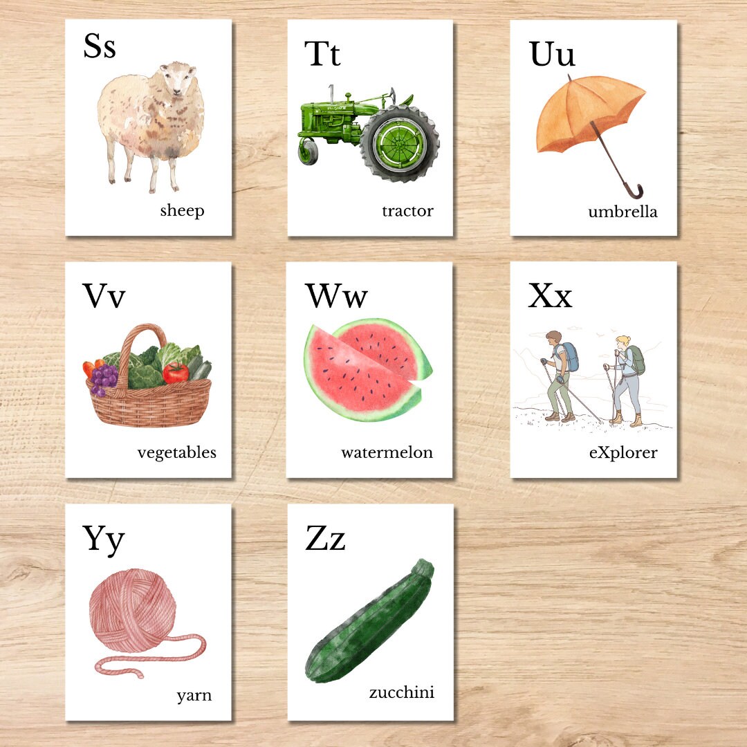 Nature Alphabet Flash Cards Farm Alphabet ABC Cards Watercolor Flash ...