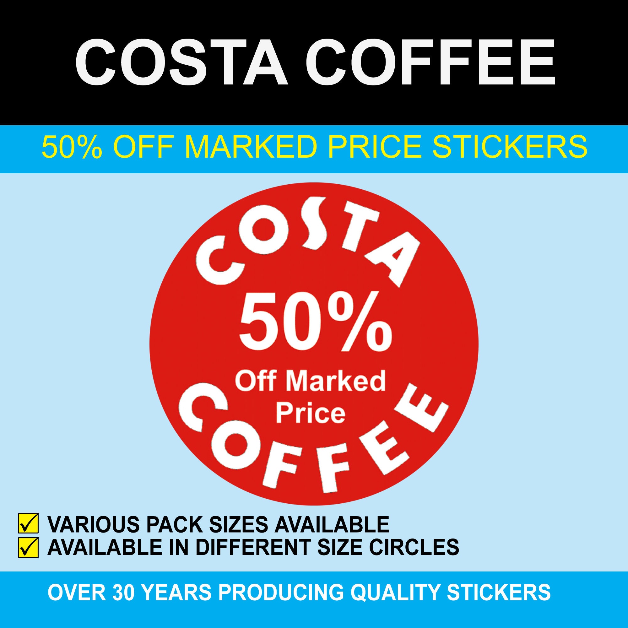 Costa Coffee - 50% off Marked Price Stickers - Etsy UK