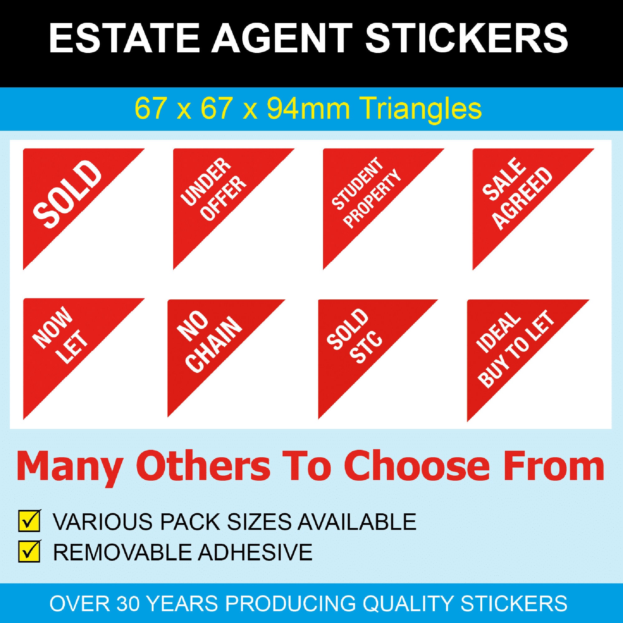 Removable Adhesive – Estate Agent Stickers – 67 X 67 X 94mm Triangles ...
