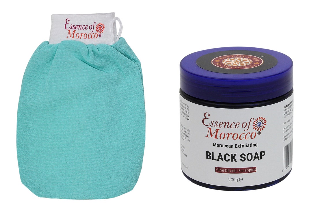 Moroccan Exfoliating Hammam Pack: Kessa Glove Scrubbing Mitt, Natural Eucalyptus and Olive Oil ...