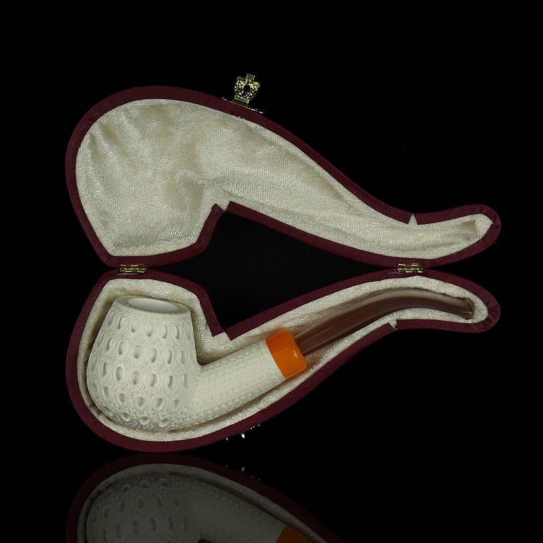 Lattice Design Brandy Pipe Block Meerschaum Handmade W Custom Made Case ...