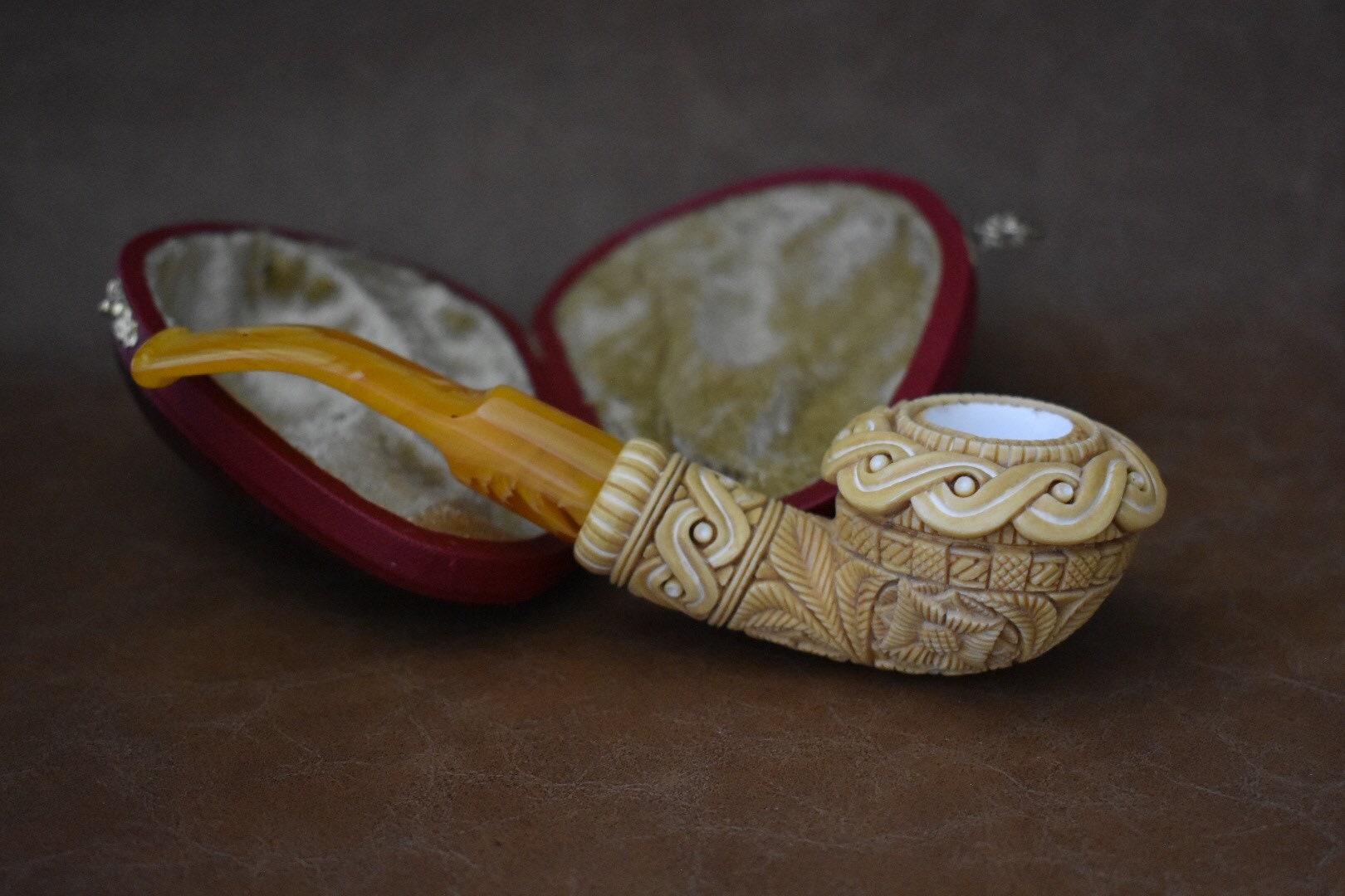 Ornate Calabash Pipe Block Meerschaum,handmade W Custom Made Army ...