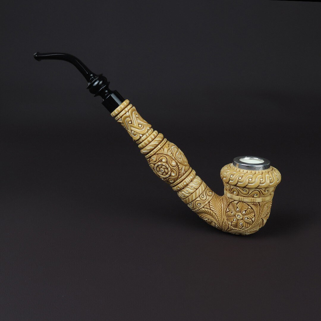 Ornate Calabash Pipe With Sterling Silver Rim Handmade Block Meerschaum ...