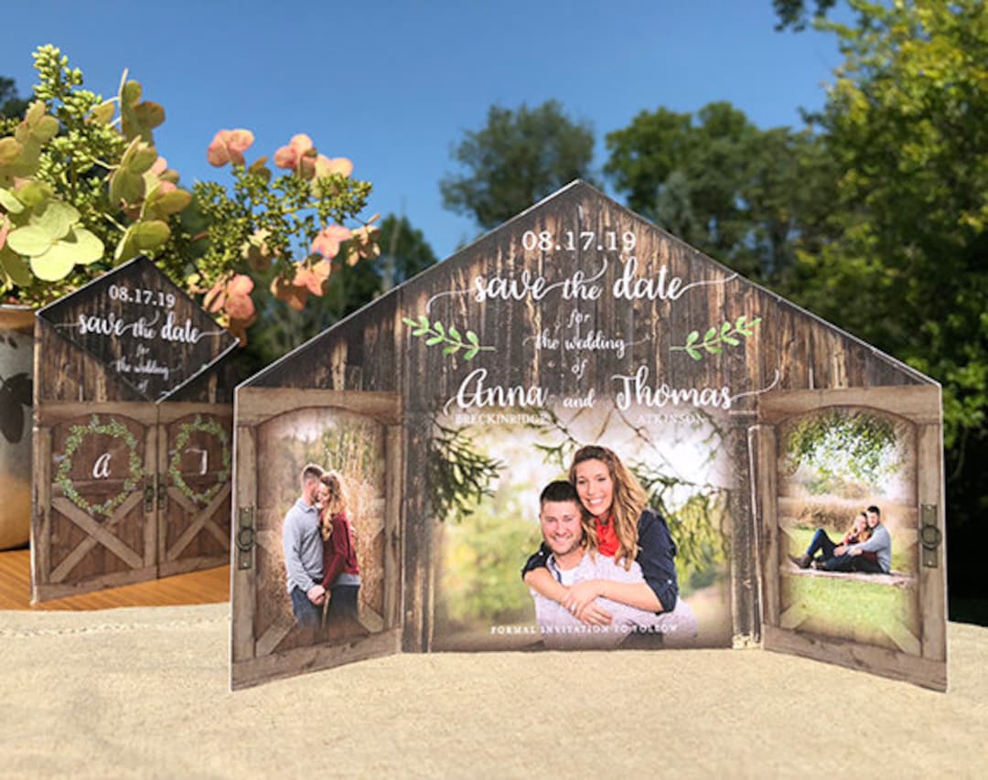 Rustic Barn Photo Save the Date With Folding Doors • Country Barn Save ...