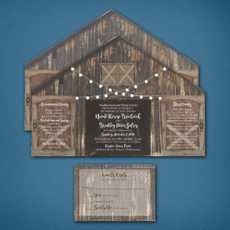 Rustic Barn Wedding Invitation With Folding Doors and Strings of Lights ...