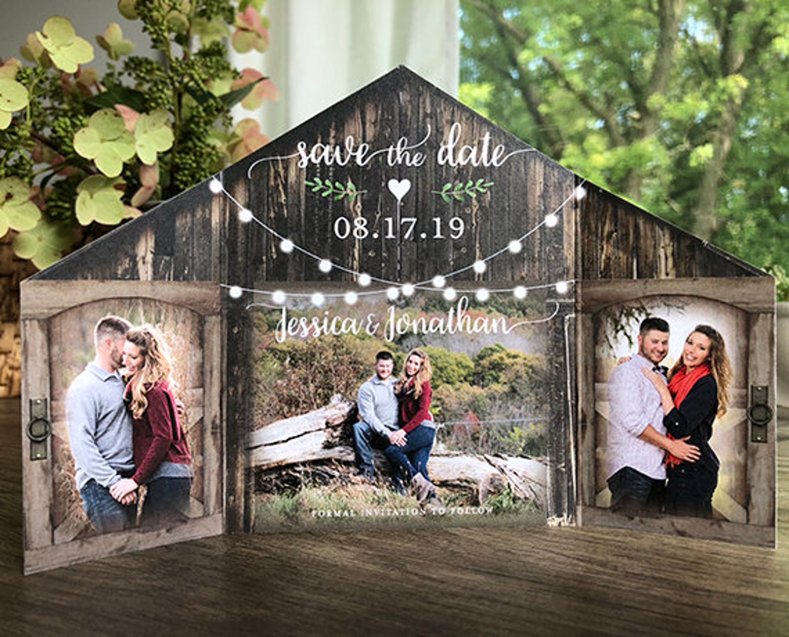Rustic Barn Photo Save the Date With Folding Doors • Country Barn Save ...