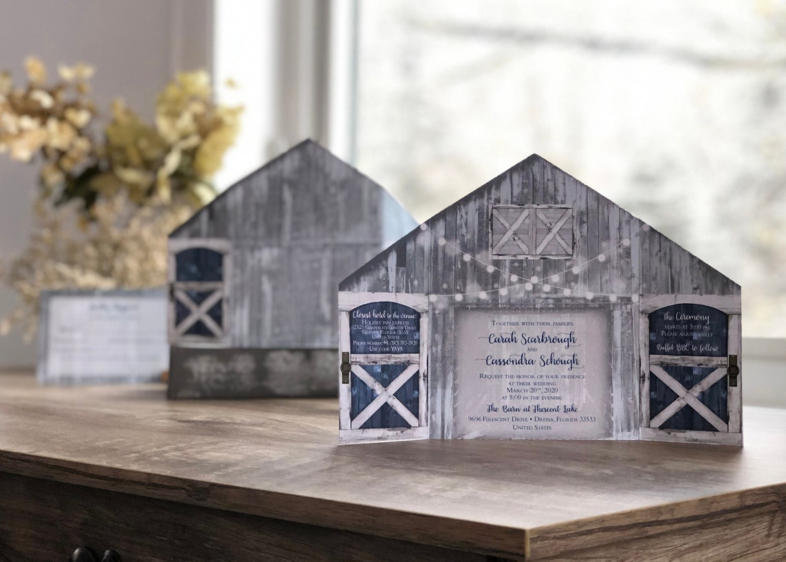 Rustic Blue Barn Wedding Invitation With Folding Doors and - Etsy