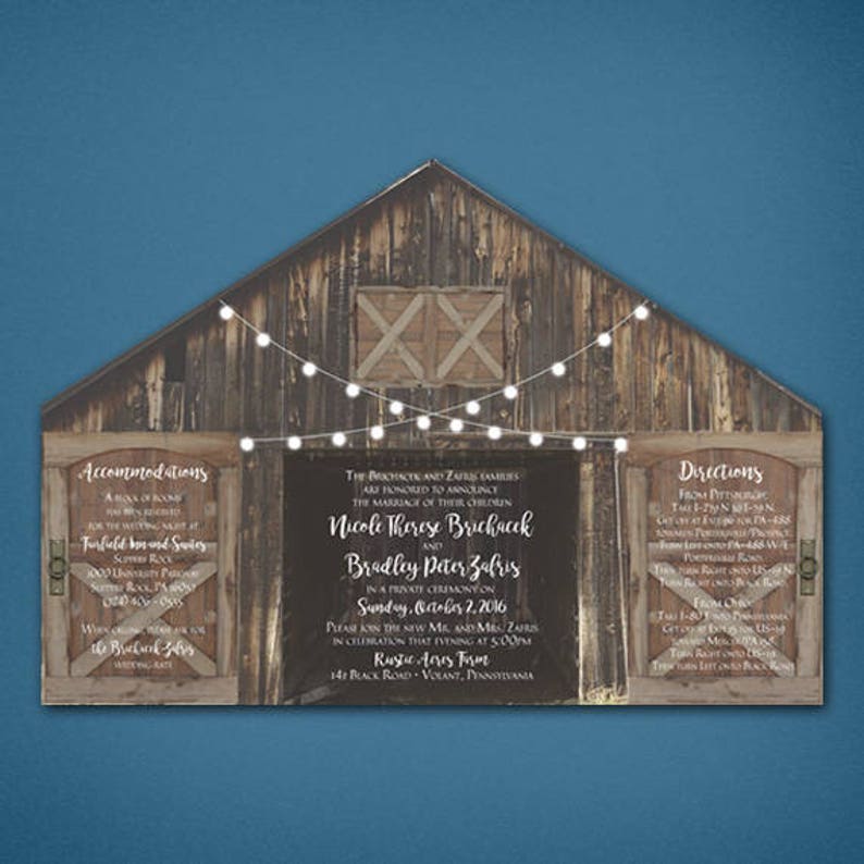 Rustic Barn Wedding Invitation With Folding Doors and Strings of Lights ...
