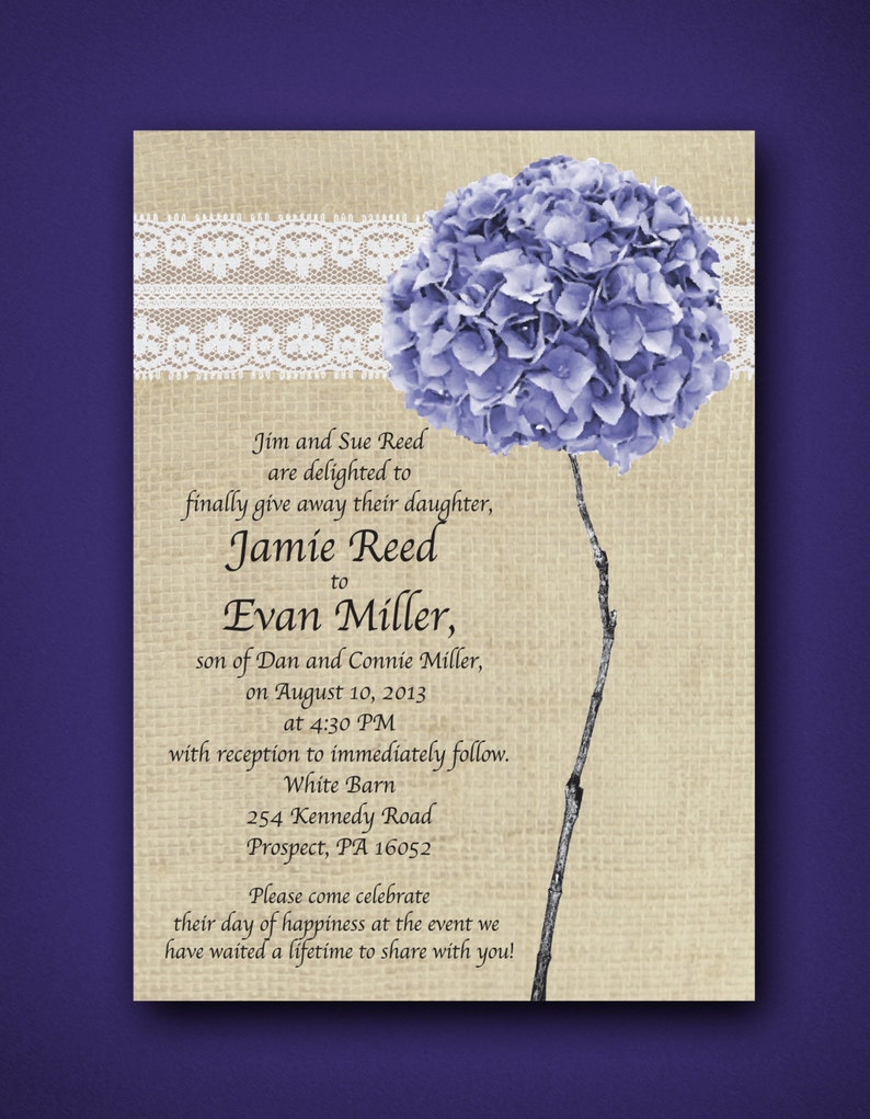 Burlap Lace & Purple Hydrangea Wedding Invitations Rustic - Etsy