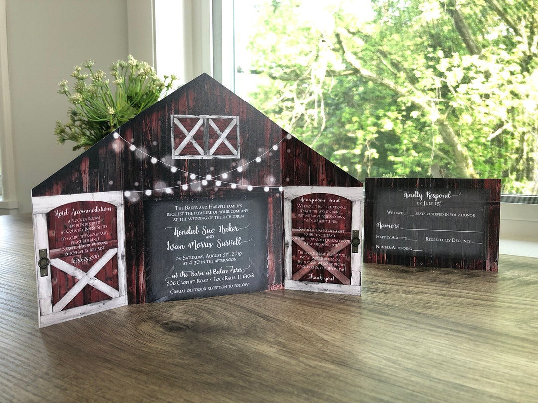 Rustic Red Barn Wedding Invitation With Folding Doors and Strings of ...