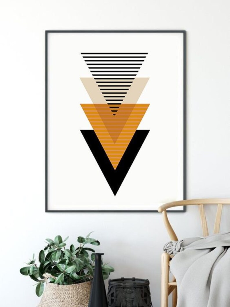 Orange & Black Geometric Triangle Art Print: Scandinavian Modern ...