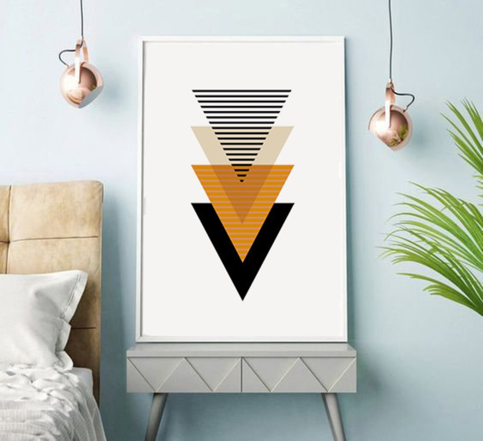 Orange & Black Geometric Triangle Art Print: Scandinavian Modern ...